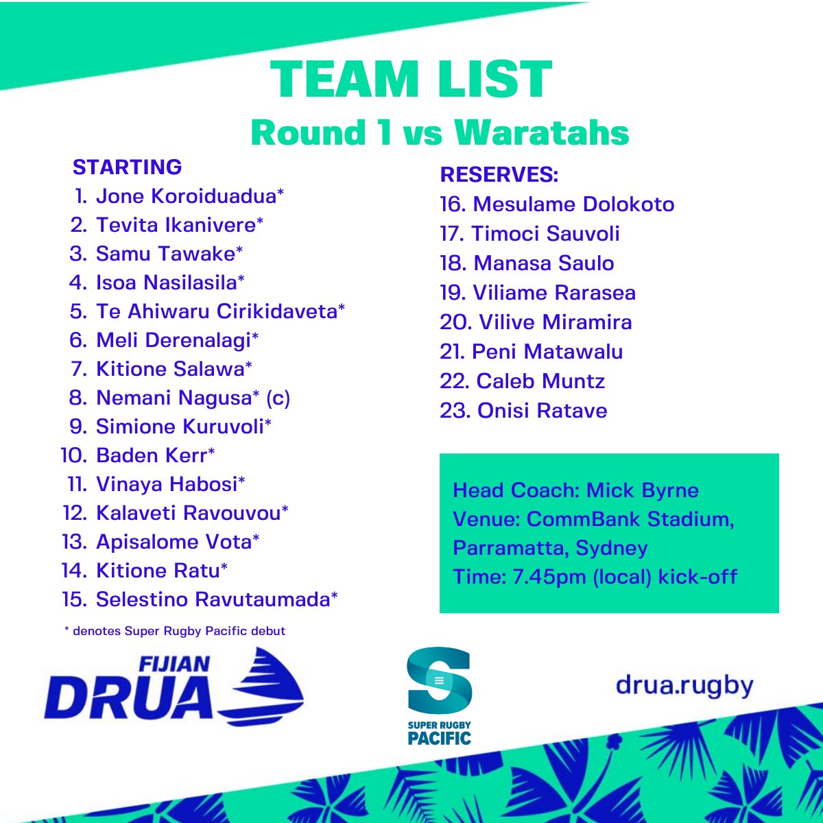 Drua Team for Waratahs Game Named! - Legend FM