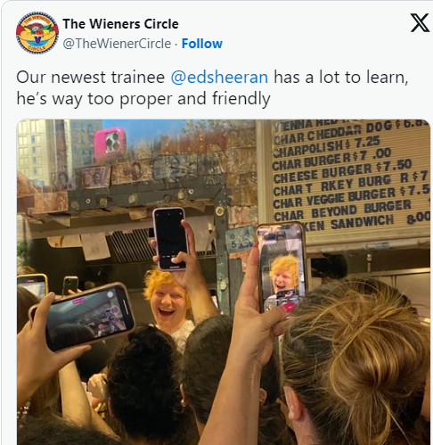 Ed Sheeran Serving Dogs At Chicago’s Legendary Weiner Circle: ‘Way Too ...